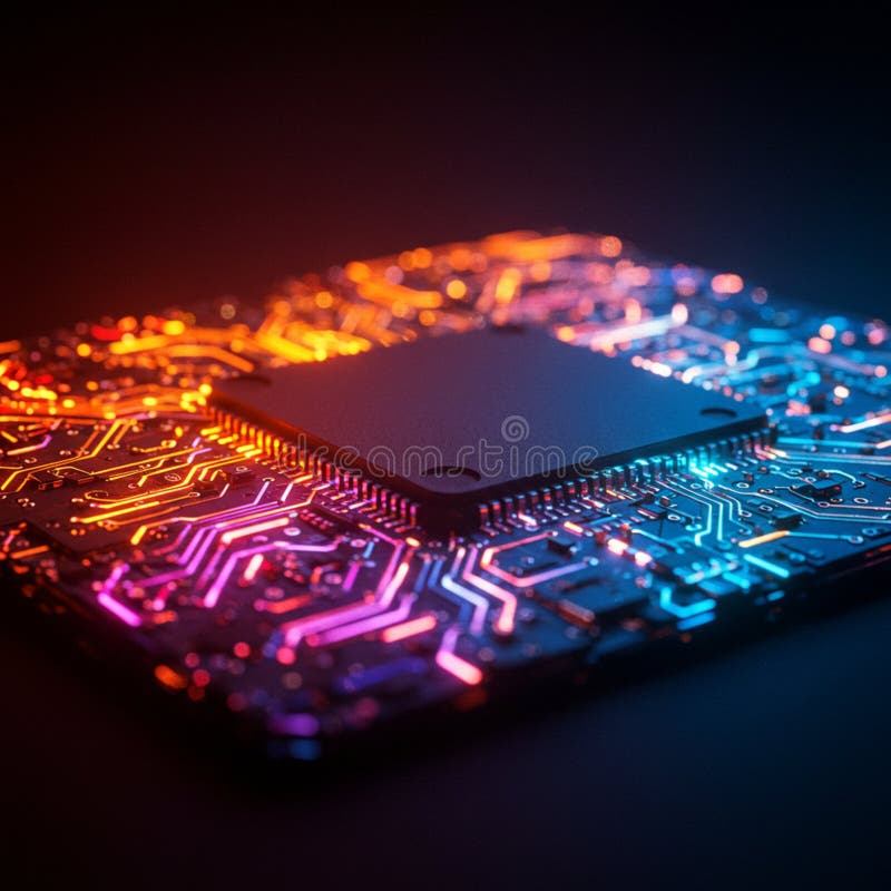Computer Microchip Semiconductor on Motherboard Futuristic Cyber Neon ...