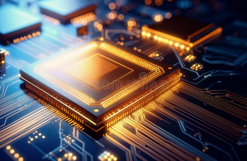 Close Up of a Computer Microchip with Many Components and Blue Glowing ...