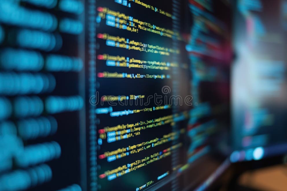 Close Up Of Computer Monitor Displaying Code In Binary Language On Screen Software Development