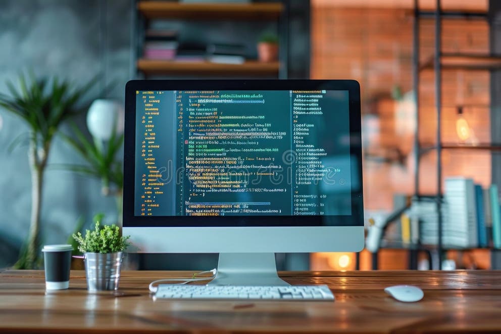 Close-up of Computer Monitor with Programming Code on Desk Background. Stock Photo - Image of ...