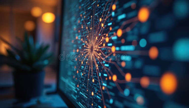 Close-up Computer Monitor Shows Complex Network Visualization with ...