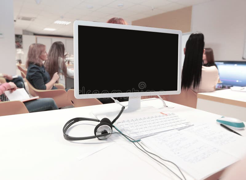 Close Up. the Computer Monitor on the Table in the Conference Room ...
