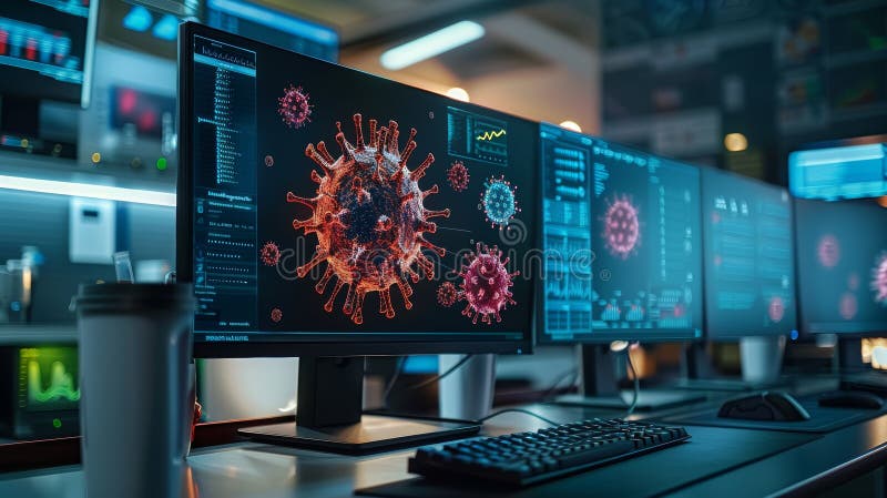 Close-up of Computer Monitors Displaying a Virus Analysis in a Tech Lab ...