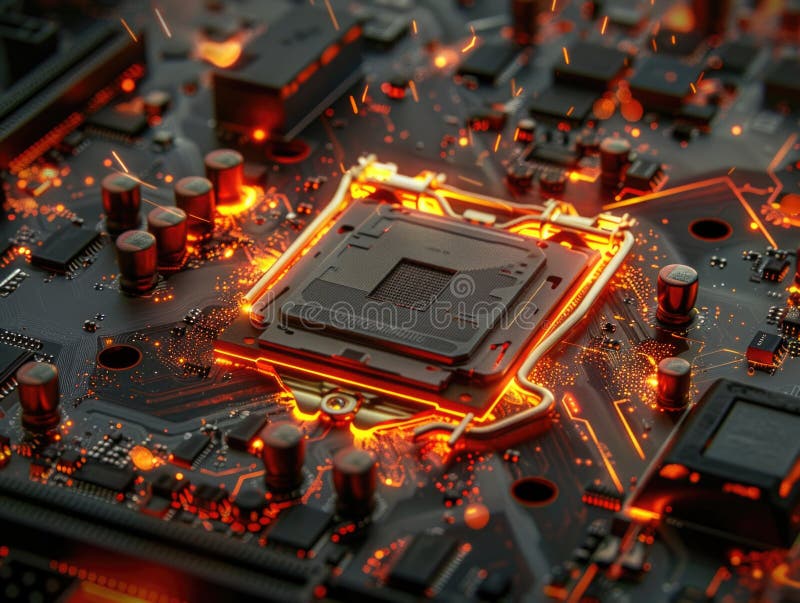 A Close Up of a Computer Mother Board, Chip on Fire with Energy and ...