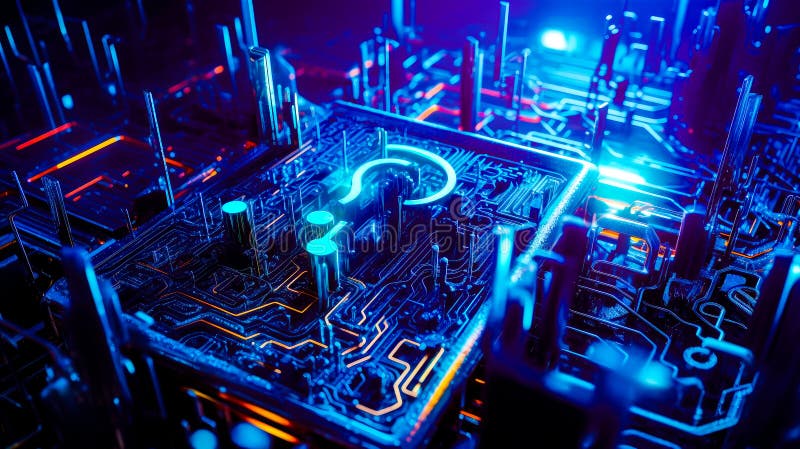 Close Up of Computer Motherboard with Blue and Yellow Lights in the ...