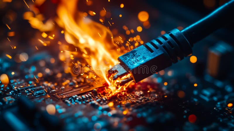 A Close Up of a Computer Motherboard with a Burning Cable Stock Image ...