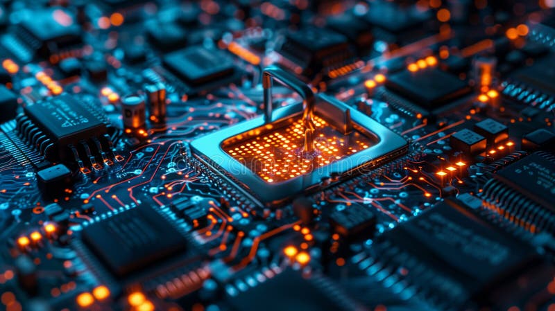 Close-up of a Computer Motherboard with a CPU on Top. CPU is a Small ...