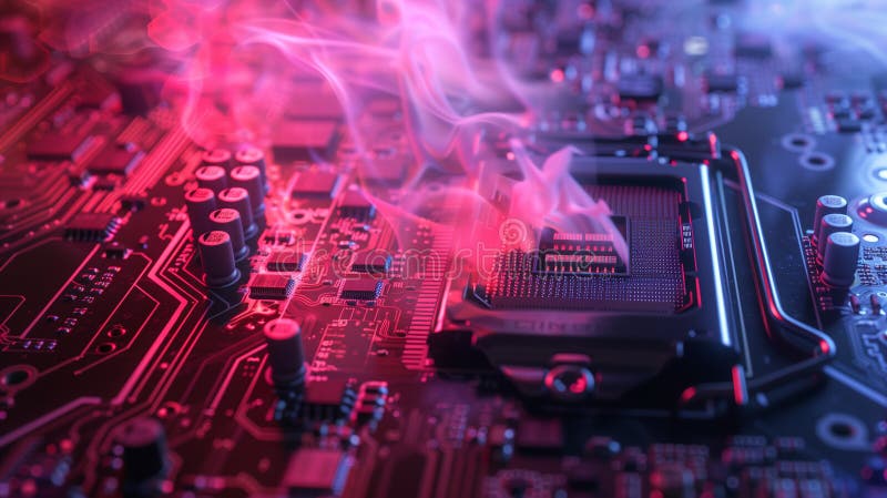 Computer Motherboard with a Glowing Red CPU and Smoke Rising from the ...