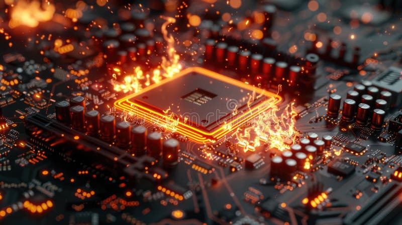 A Close Up of a Computer Motherboard with Fire Coming Out of it, Chip ...