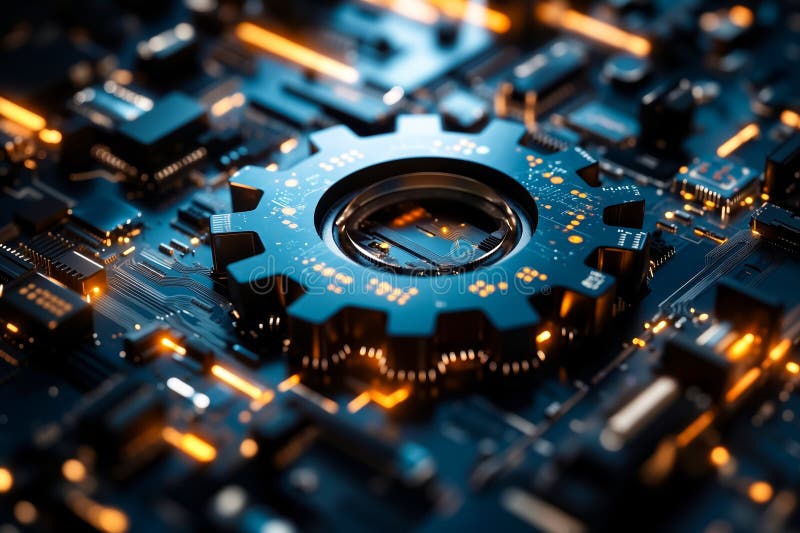 A Close Up of a Computer Motherboard with a Gear on it Stock ...