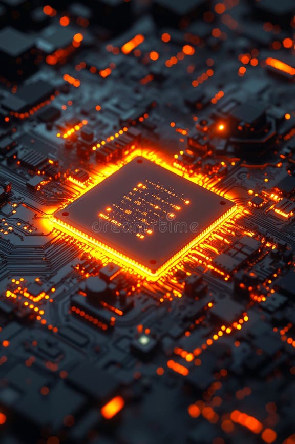 A Close Up of a Computer Motherboard with a Glowing Orange Chip Stock ...
