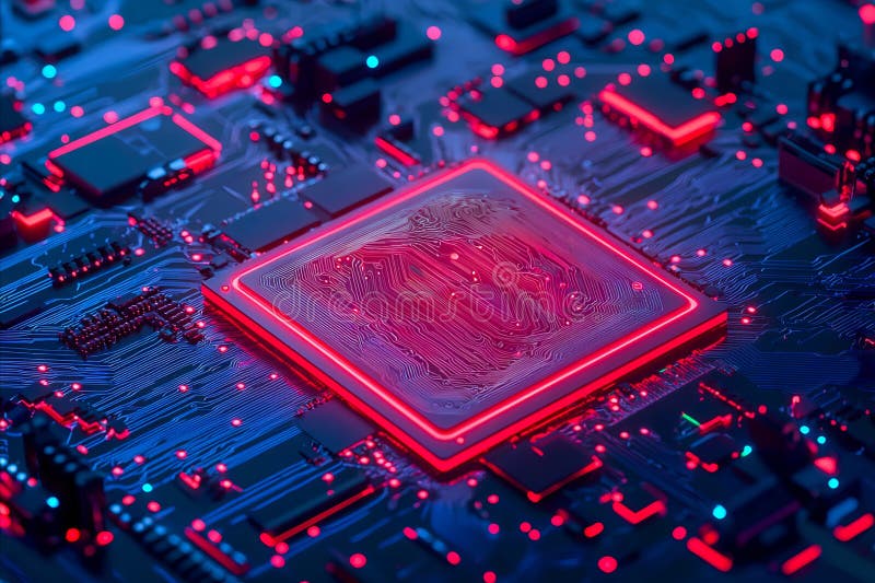 A Close Up of a Computer Motherboard with a Red and Blue Circuit Board ...