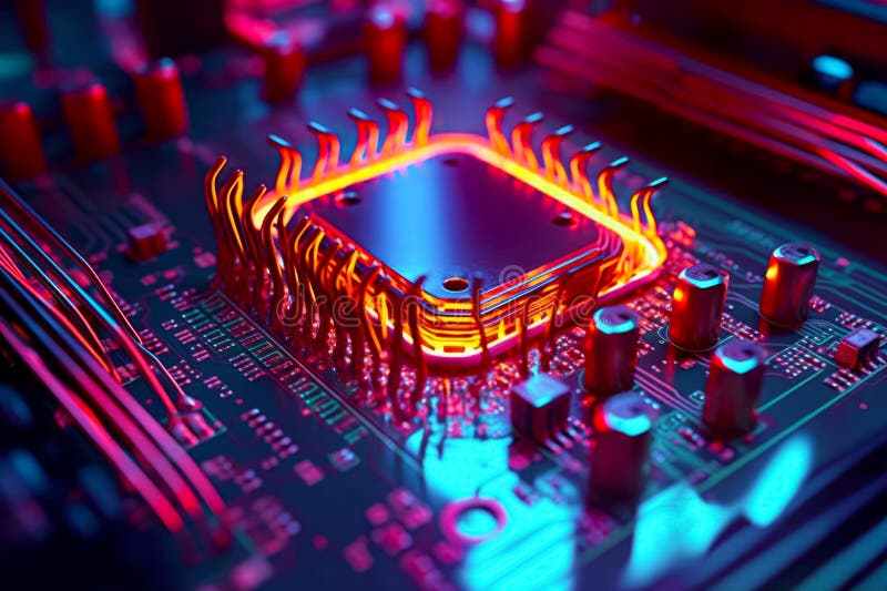 Close Up of Computer Motherboard with Red and Blue Lights on it ...