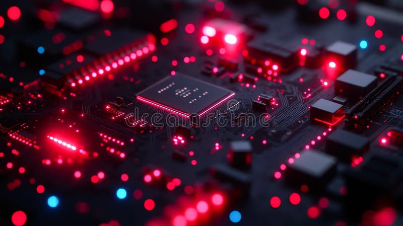 A Close Up of a Computer Motherboard with Red and Blue Lights Stock ...
