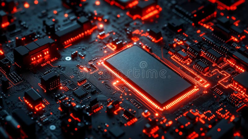 A Close Up of a Computer Motherboard with Red Lights Stock Illustration ...