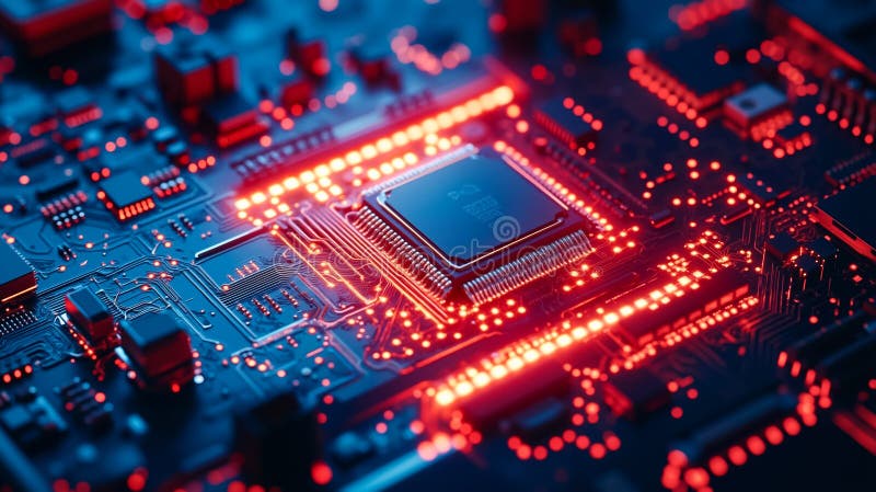 A Close Up of a Computer Motherboard with Red Lights Stock Illustration ...
