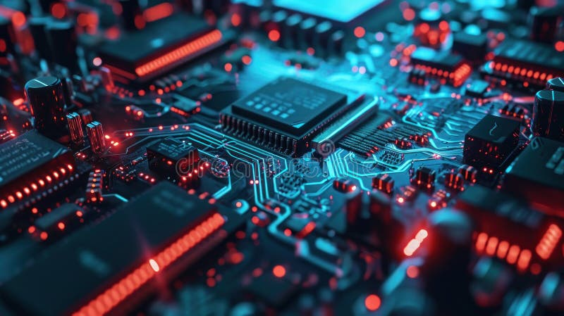 Close Up of Computer Motherboard with Red Lights Stock Image - Image of ...