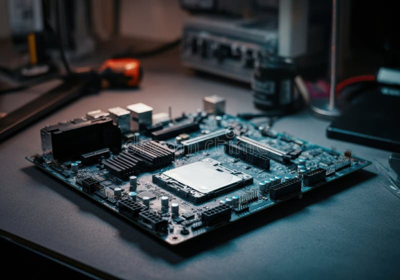 Close-up of a Computer Motherboard on a Workbench in a Tech Environment ...