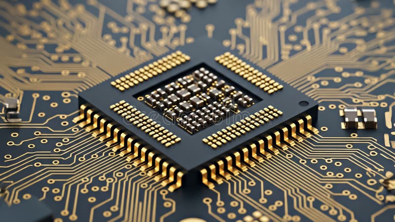Close-up of Computer Processor Chip Integrated on Motherboard with Gold Traces Stock ...