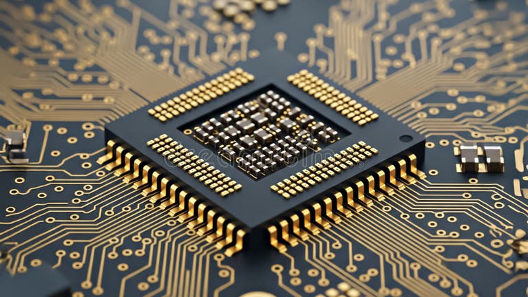 Close-up of Computer Processor Chip Integrated on Motherboard with Gold ...