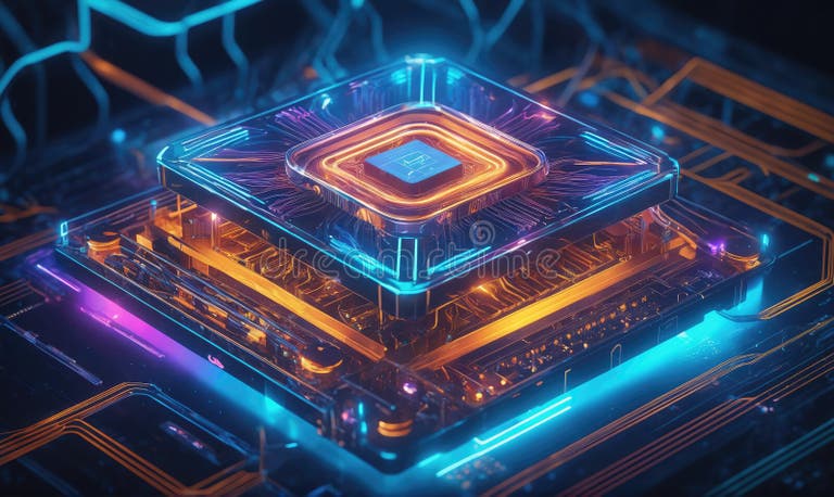 A Close-up of a Computer Processor, Glowing with Blue and Orange Light ...