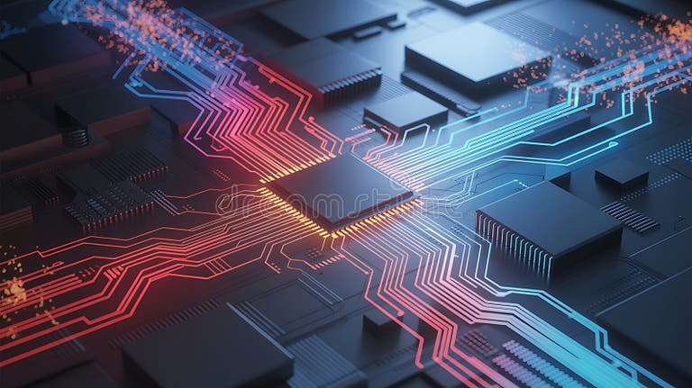 Close-up of a Computer Processor with Glowing Red and Blue Circuit ...