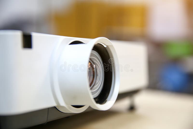 Close Up Computer Projector on Meeting Tables with Laptop Setup at ...