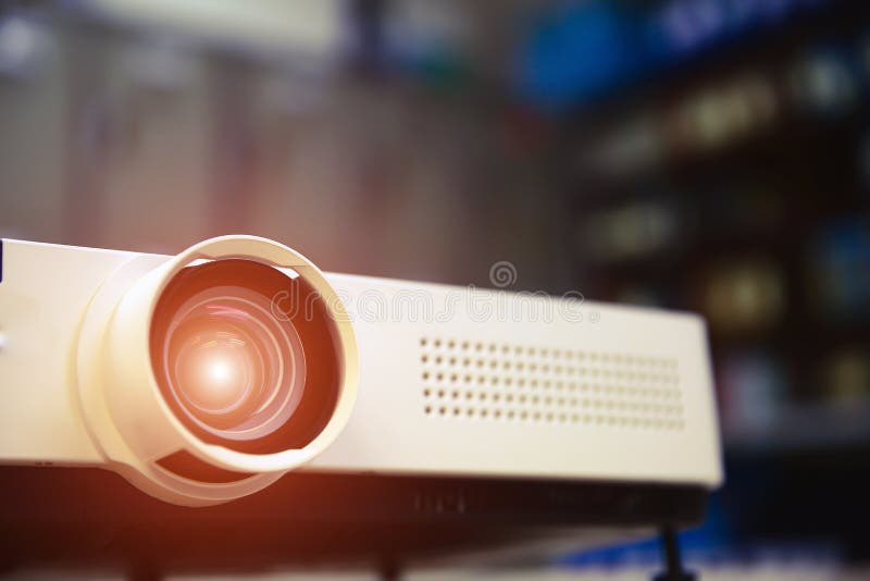 Close Up Computer Projector on Meeting Tables with Laptop Setup at ...