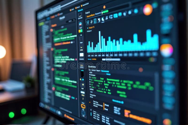 Close Up Computer Screen Data Analytics Code Modern Workspace Stock ...