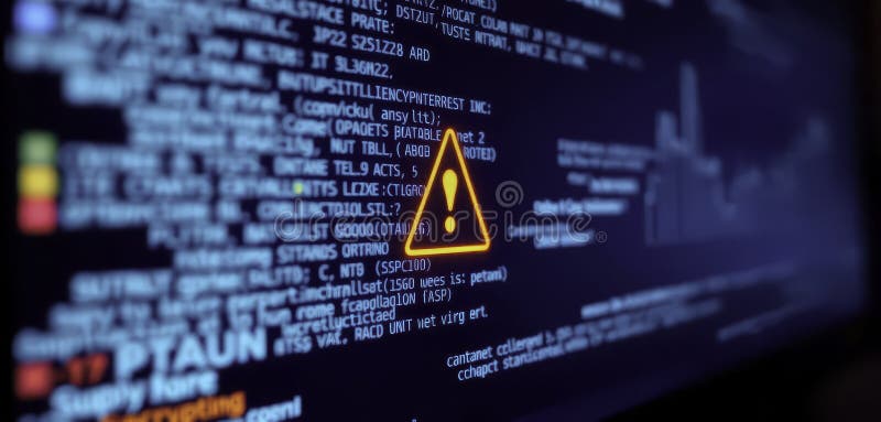 Close Up of a Computer Screen Displaying Encrypted Data, with Warning ...