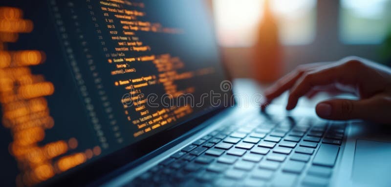 Close-up Computer Screen Displays Abstract Computer Code. Programmer Hand Typing on Laptop ...