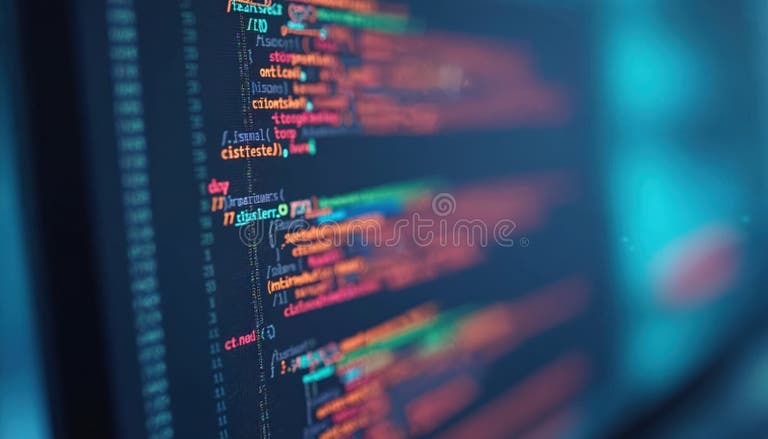 Close-up Computer Screen Displays Complex Source Code. Vivid Colors Highlight Programming ...