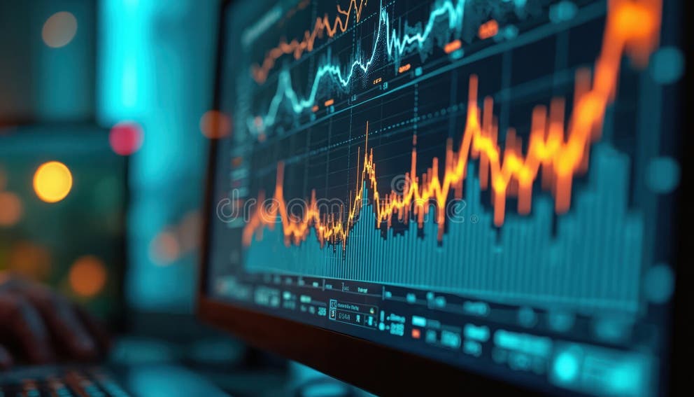 Close-up of Computer Screen Displays Data Trends, Featuring Visuals ...