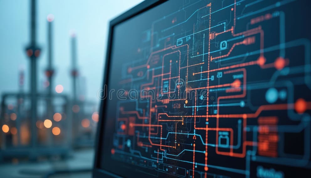 Close-up Computer Screen Displays Digital Diagram. Power Plant Blurred ...