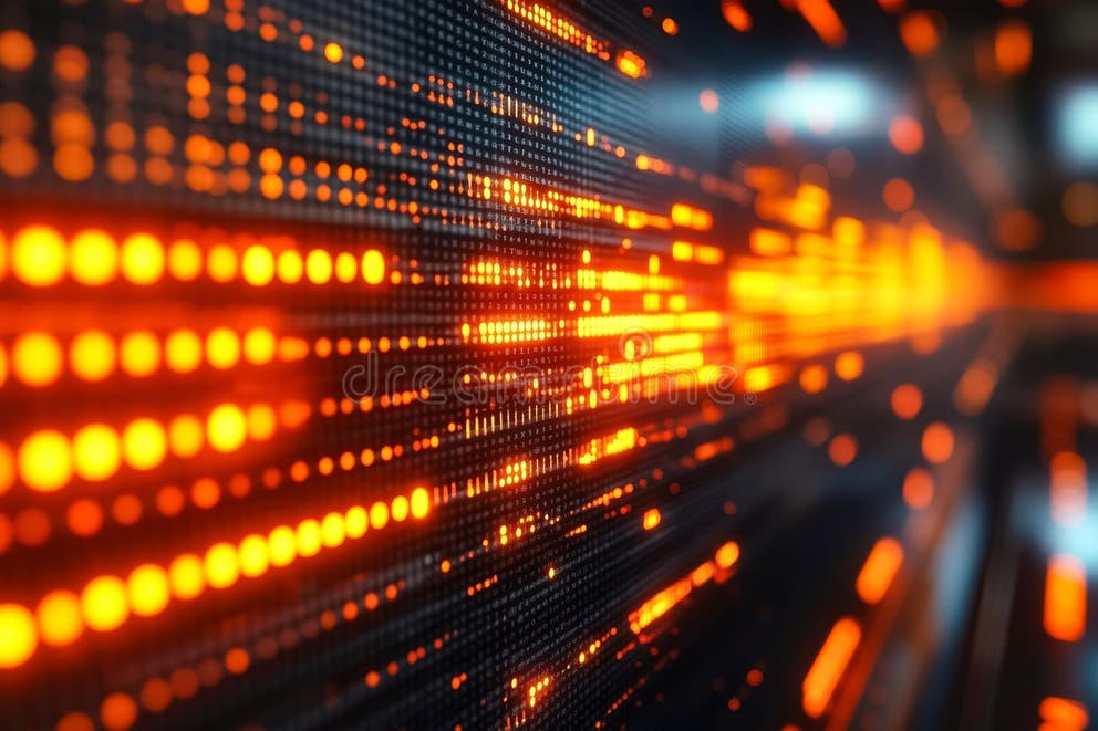 A Close Up of a Computer Screen with Orange Lights on it Stock ...