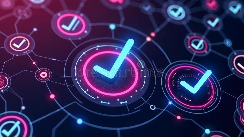 Close Up of a Computer Screen with a Red and Blue Check Mark on it ...