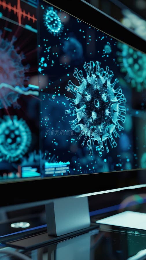 Close-up of Computer Screens Showing Virus Visuals, Scientific Research ...