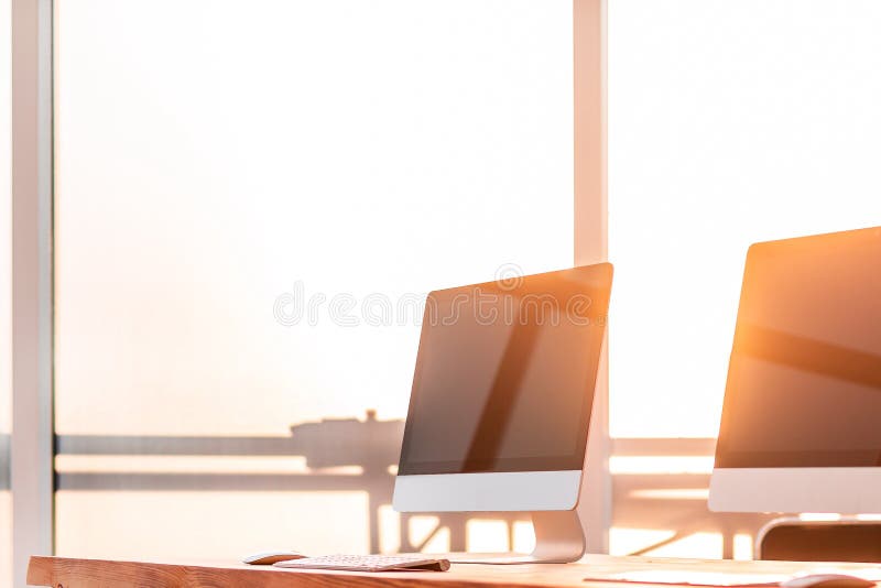 Close Up. Computers on the Table in the Lobby of the Business Ce Stock ...
