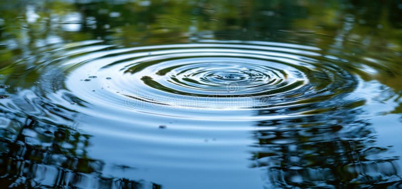 Close-up of Concentric Ripples on Calm Water Surface Reflecting Green ...