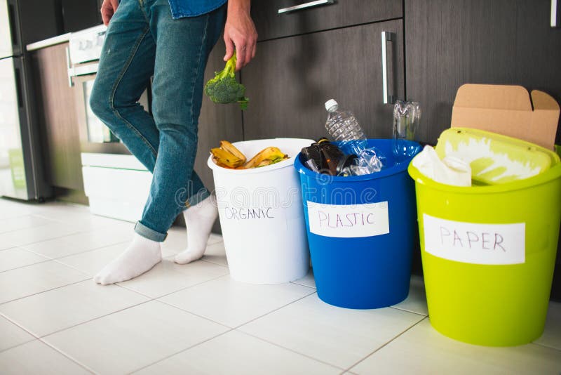 Close-up Concept. Sort Garbage at Home. There are Three Buckets for ...