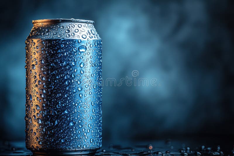 Close Up of Condensation Covered Aluminum Can with Dramatic Blue and ...