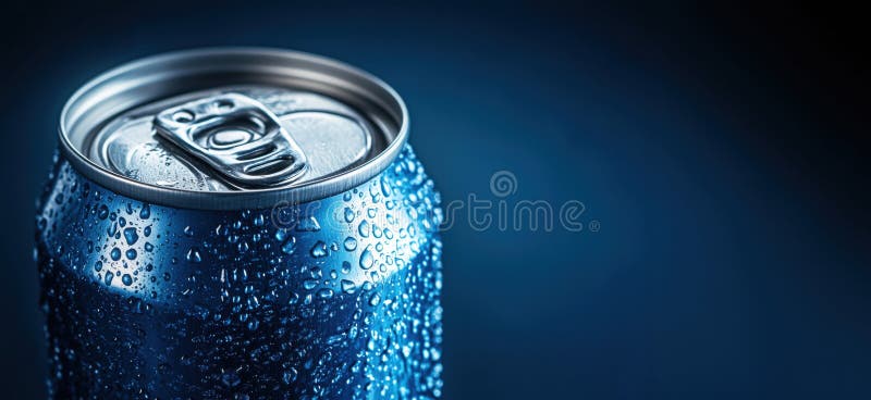 Close-up of a Condensation-covered Blue Soda Can on a Dark Background ...