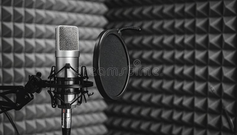 Close-up of a Condenser Microphone and Pop Filter in a Recording Studio ...