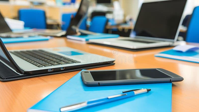 Conference Table Filled with Laptops, Tablet and Notebooks for a Modern ...