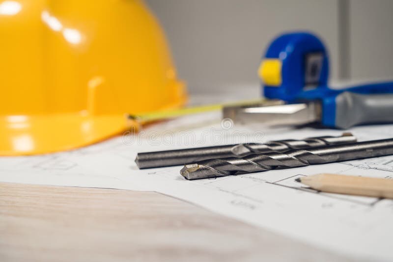 Close Up on Construction Blueprints and Tools on the Table Stock Photo ...