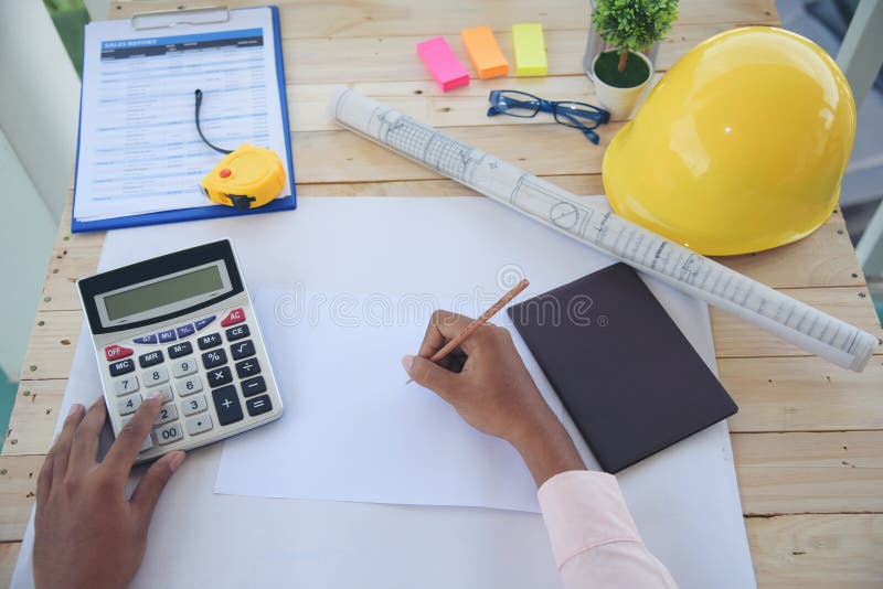 Close Up Construction Engineer Man Hands Working at Office Desk ...