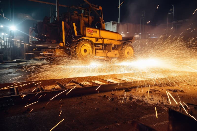 Close-up of Construction Site Machinery with Sparks Flying Stock ...