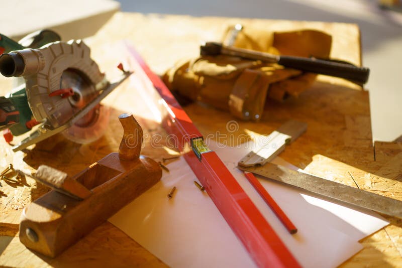 Close Up of Construction Tools Inside of Unfinished Wooden House. Stock ...
