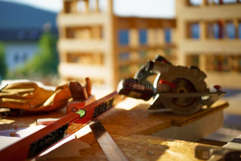 Close Up of Construction Tools Inside of Unfinished Wooden House. Stock ...