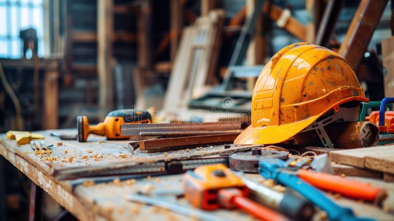 A Close-up of Construction Tools and Materials on a Workbench Stock ...